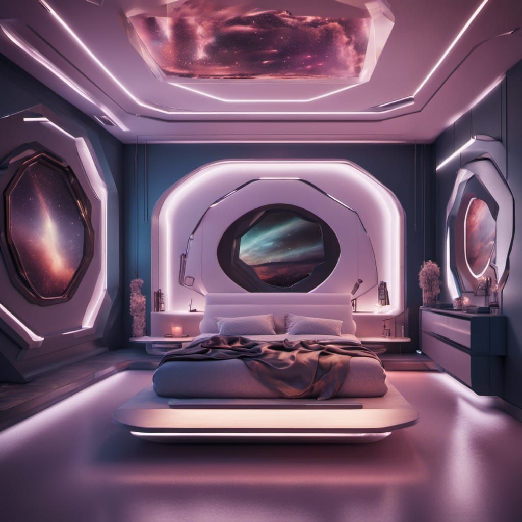 Futuristic bedroom with floating bed and holographic nightstands. - AI ...