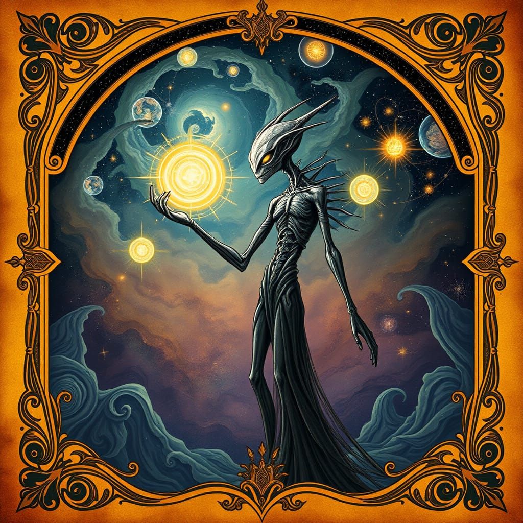 Intricately detailed 3D tarot card text "The Magician" An alien figure ...