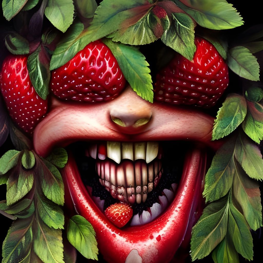 realistic strawberry with happy mouth and teeth, drooling, amongst ...