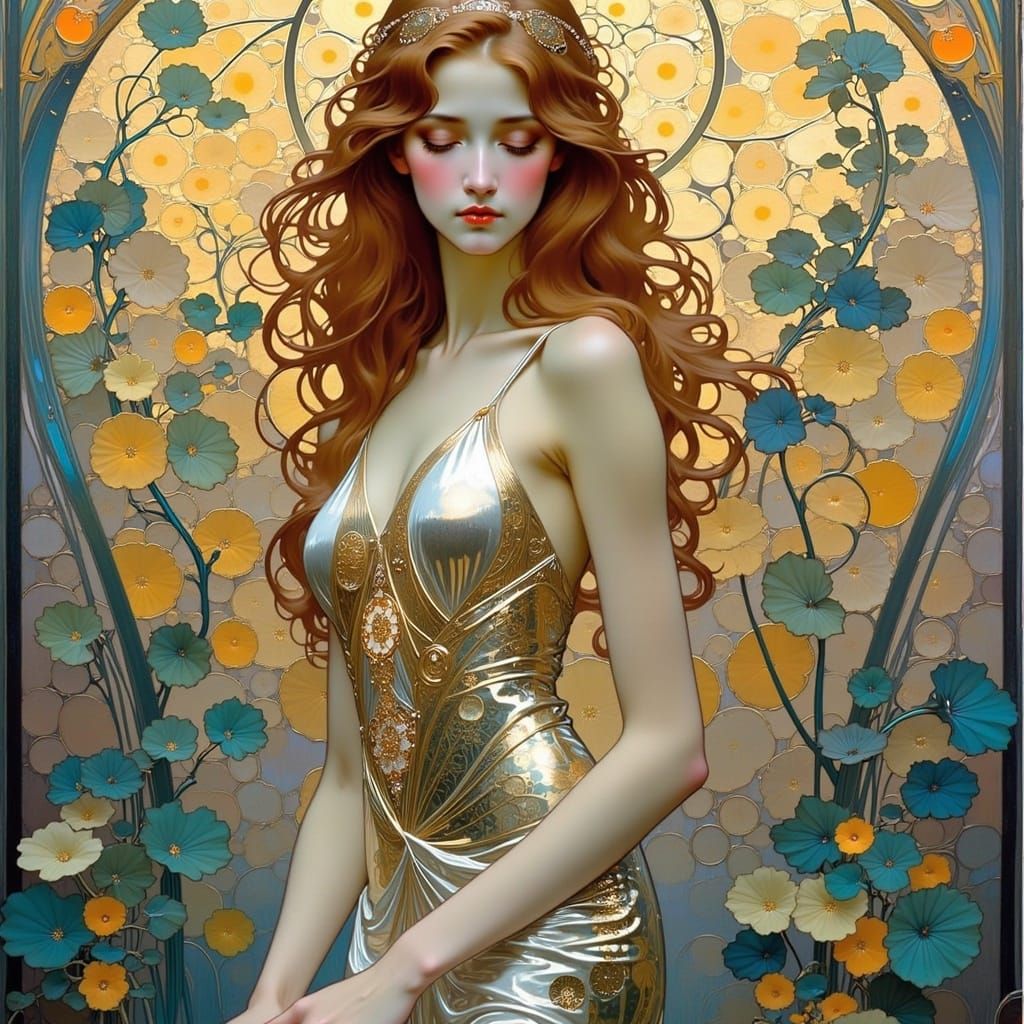 Gilded Goddess in Art Nouveau Hologram, Style of G... - AI Art