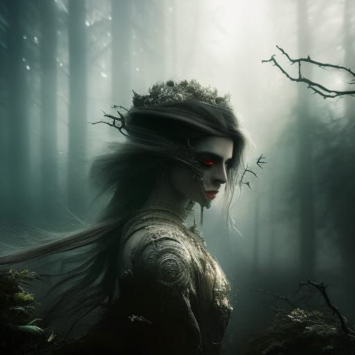 Photograph of a dark woman-ghost crouching on a barren mire, black ...