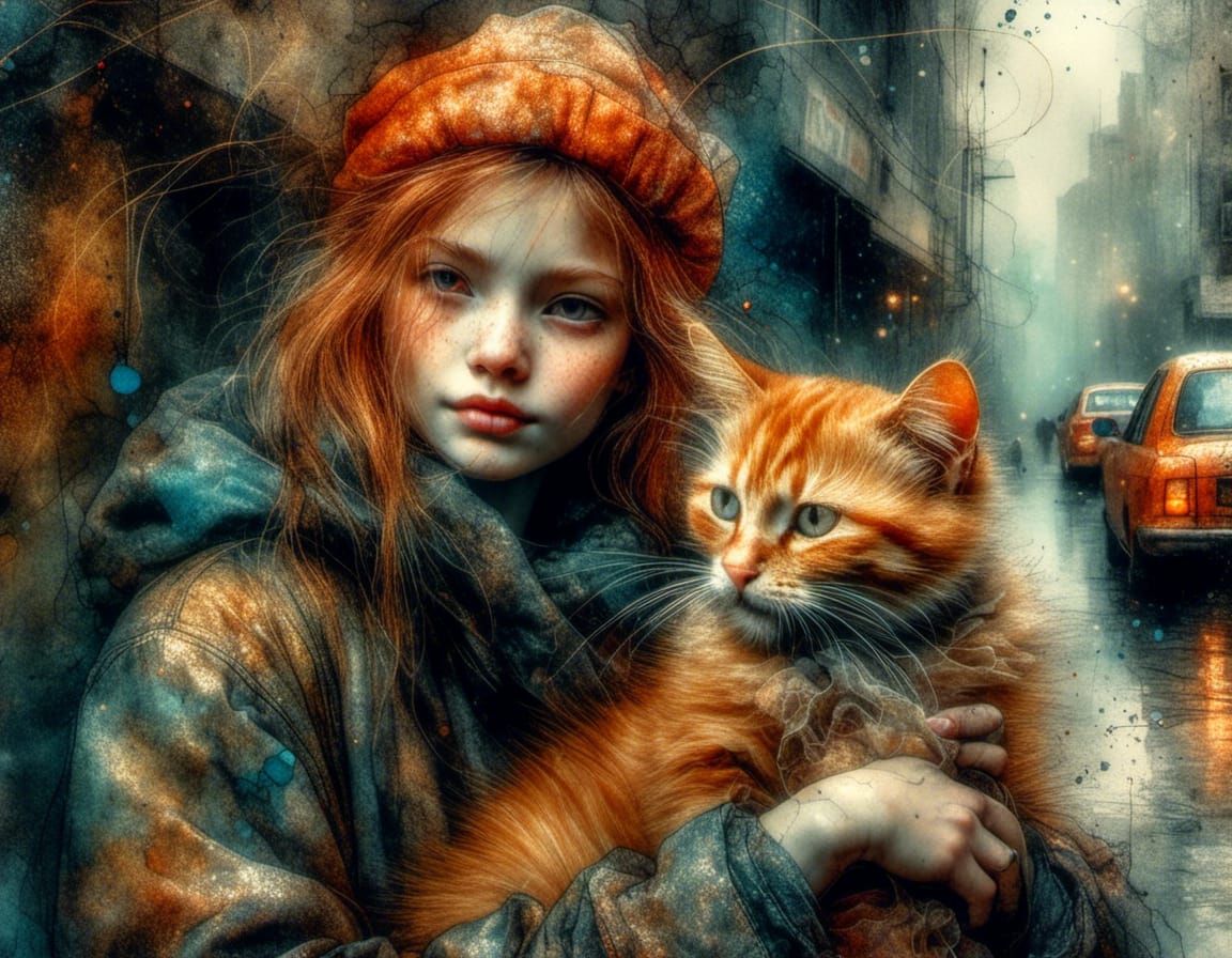 homeless redhead with ginger cat - AI Generated Artwork - NightCafe Creator