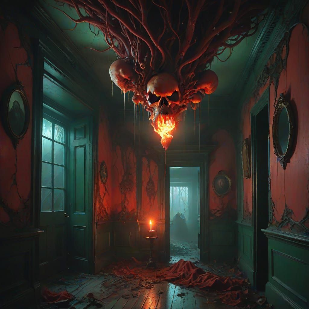 In the decrepit, Victorian mansion's depths, a ghostly, ethereal shadow ...