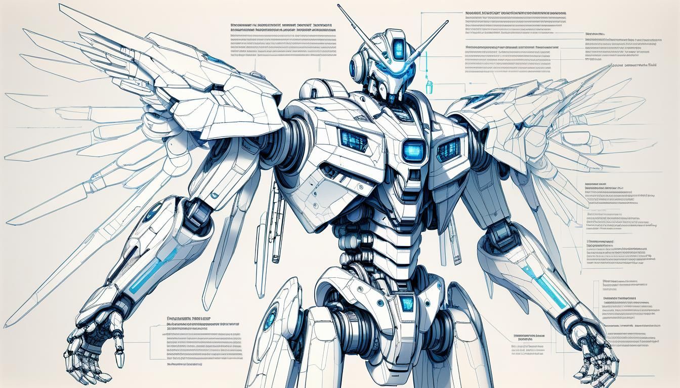 blueprints schematics of A futuristic mecha robot with multiple levels ...