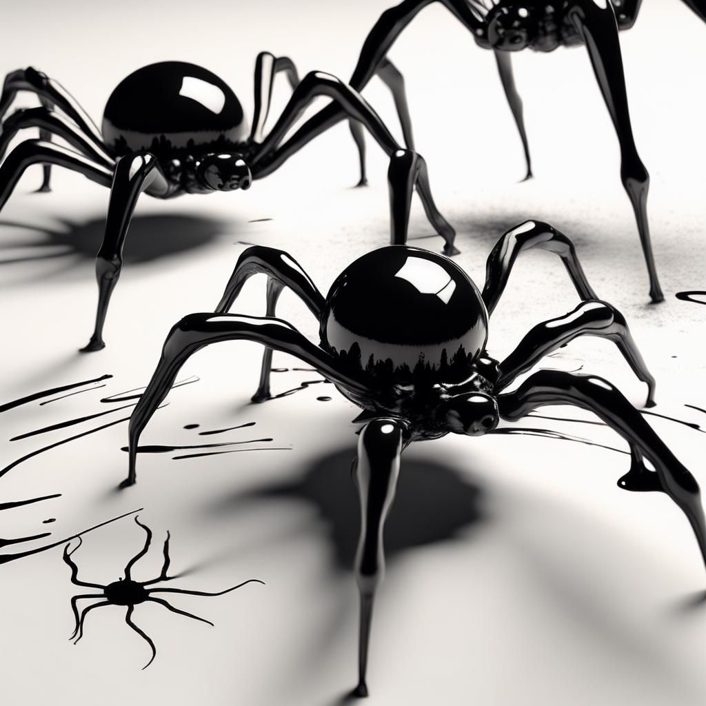 3 dimensional Spiders made of black liquid, ink puddles on white ground ...