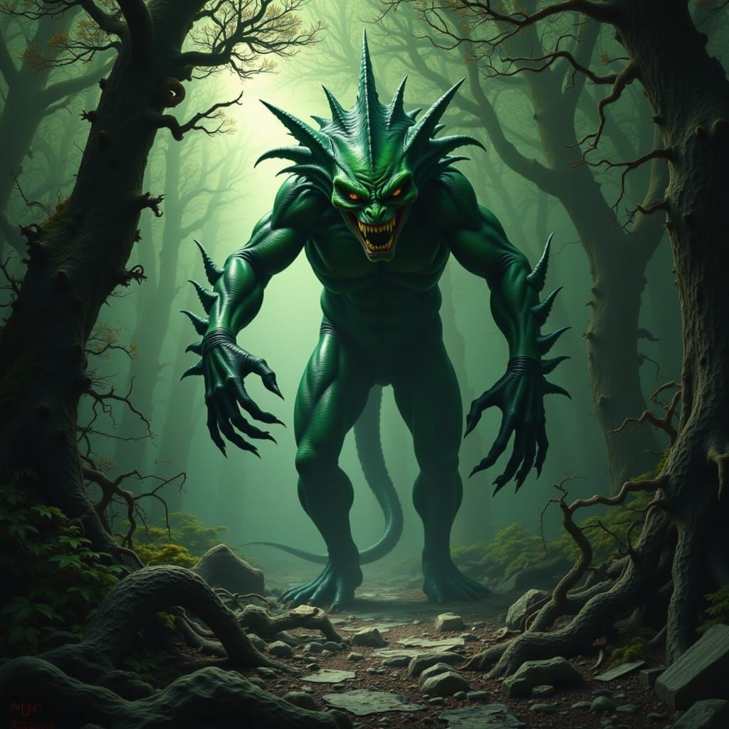 Glowing Green Alien Stands at the Threshold of a H... - AI Art