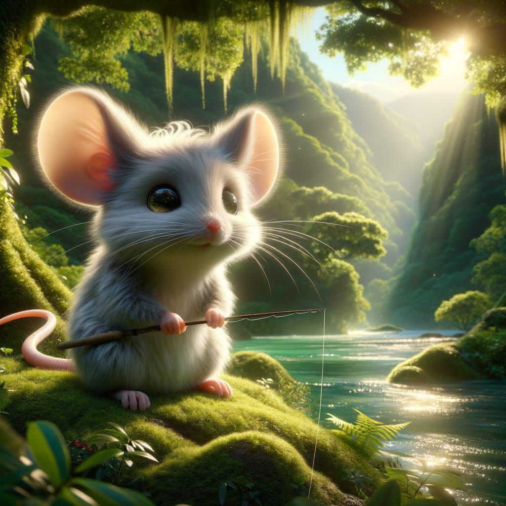 Fishing mouse - Whimsical Forest Mouse Fishing in Serene Par...