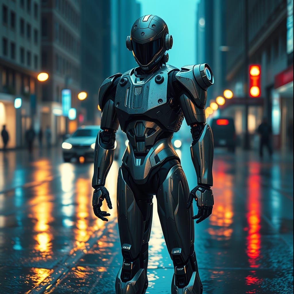 Futuristic Robot - Sleek Futuristic Robot Dominates Rainy Ci...