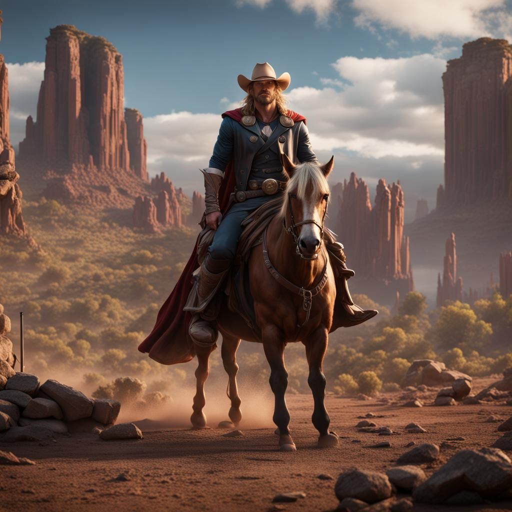 Thor as a cowboy, wild west scene, six-shooter - AI Generated Artwork ...