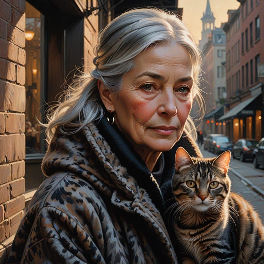 Gentle Matron and Her Mottled Tabby Companion - AI Art