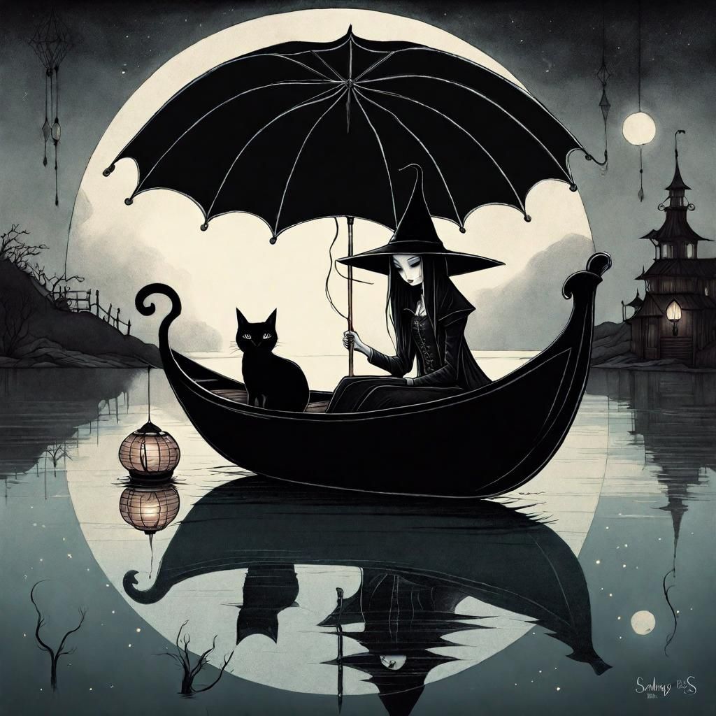 A cute moody gothic witch with an umbrella and pets sitting inside a ...