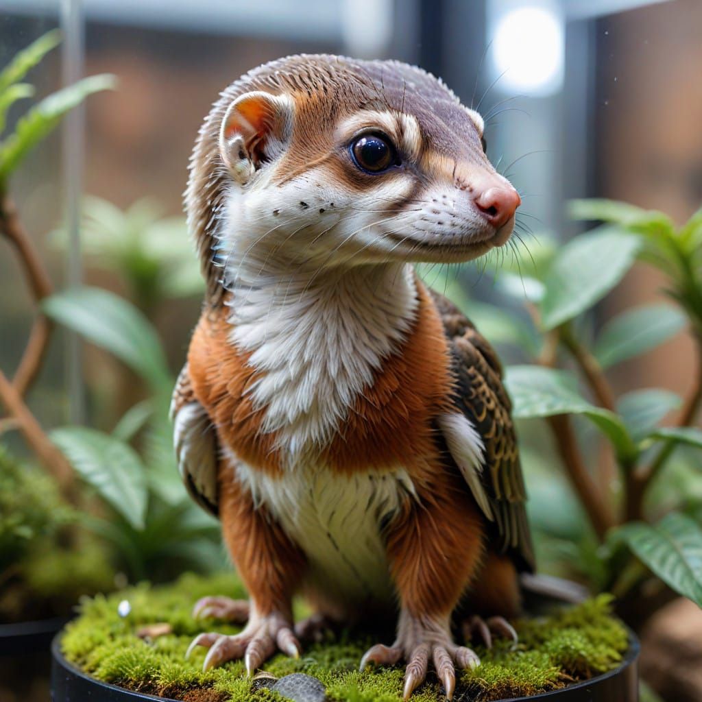 Portrait of a young (Weasel Hawk:1.5) hybrid, in a large terrarium ...