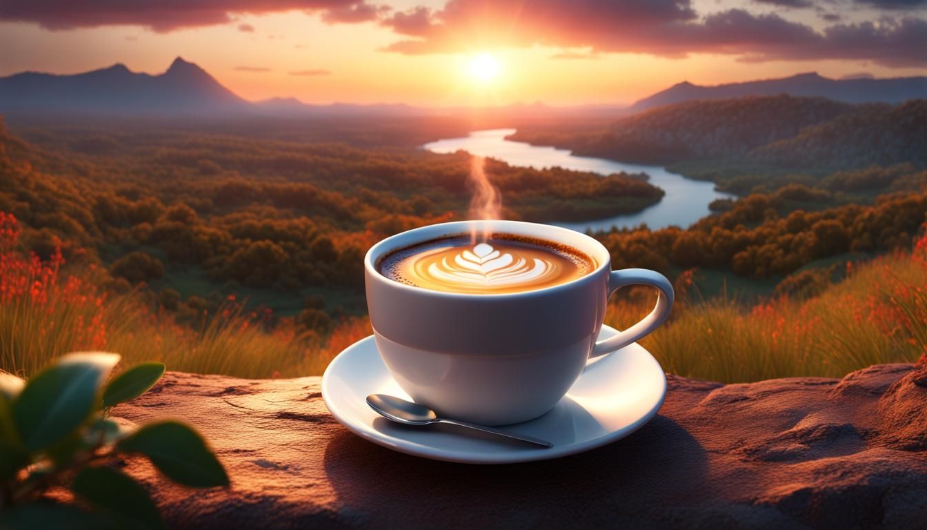 A cup of coffee surrounded by beautiful landscapes - AI Generated ...