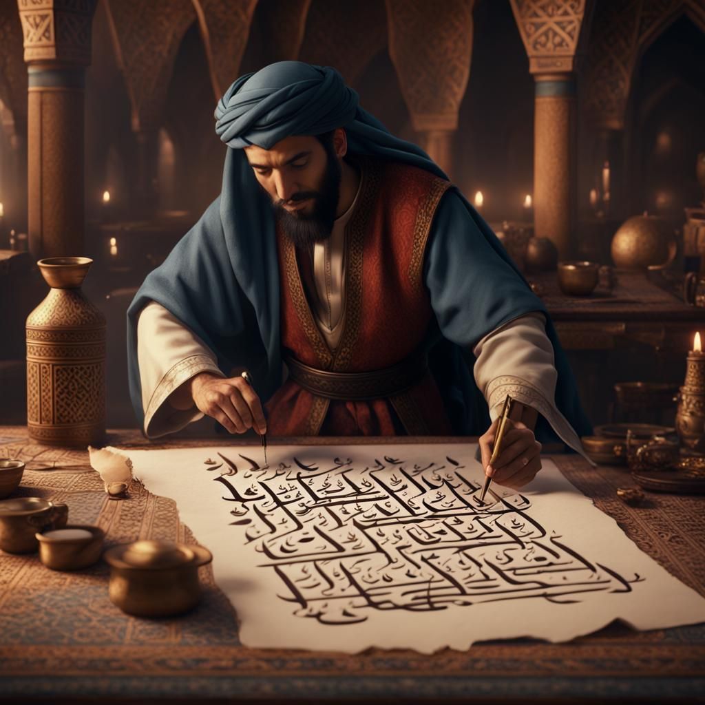 Medieval Arab Man doing Calligraphy Of Arabic Alphabets on Paper Roll ...