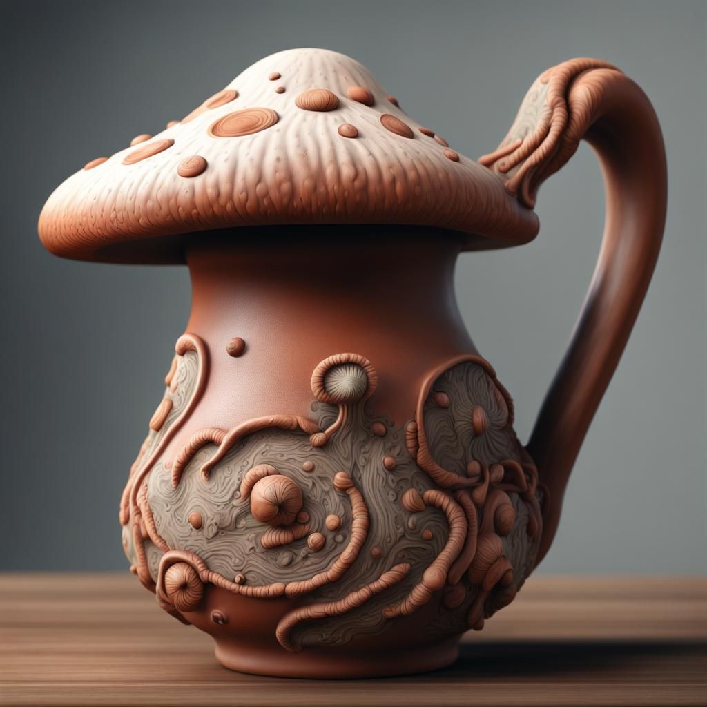 A clay pot pitcher in the shape of a magic mushroom, 4k resolution, a ...