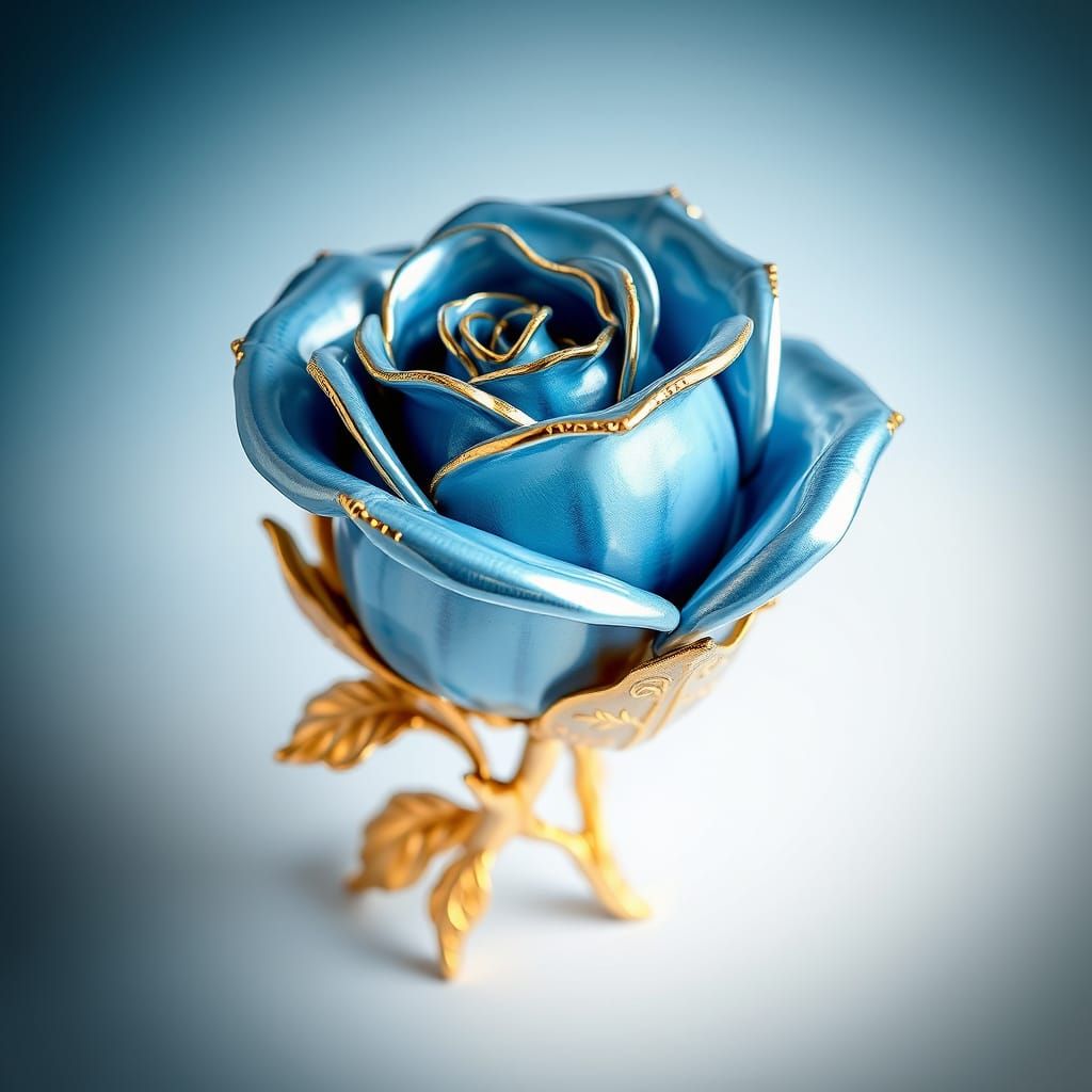 Elegant, Metallic Blue Rose Sculpture in Fine Chin... - AI Art