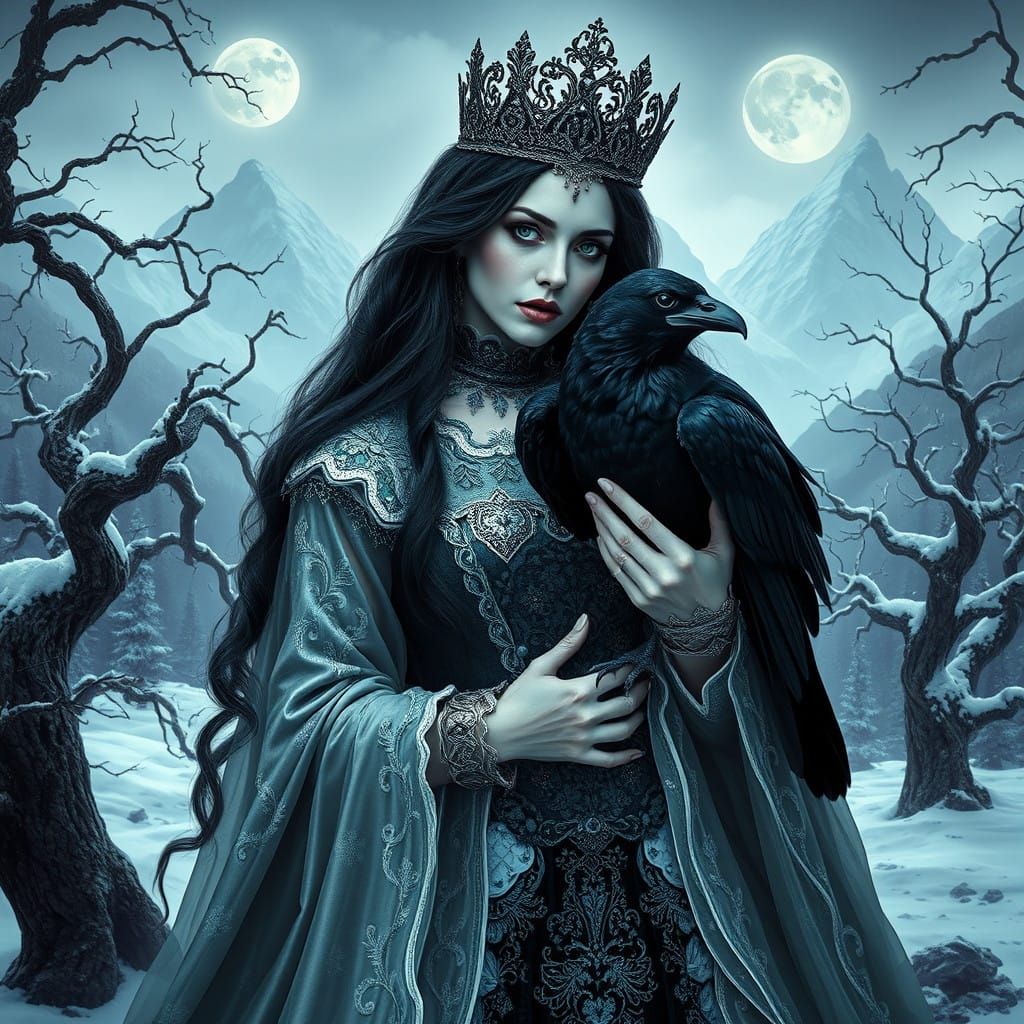 Gothic Snow Queen with Midnight Raven - AI Art