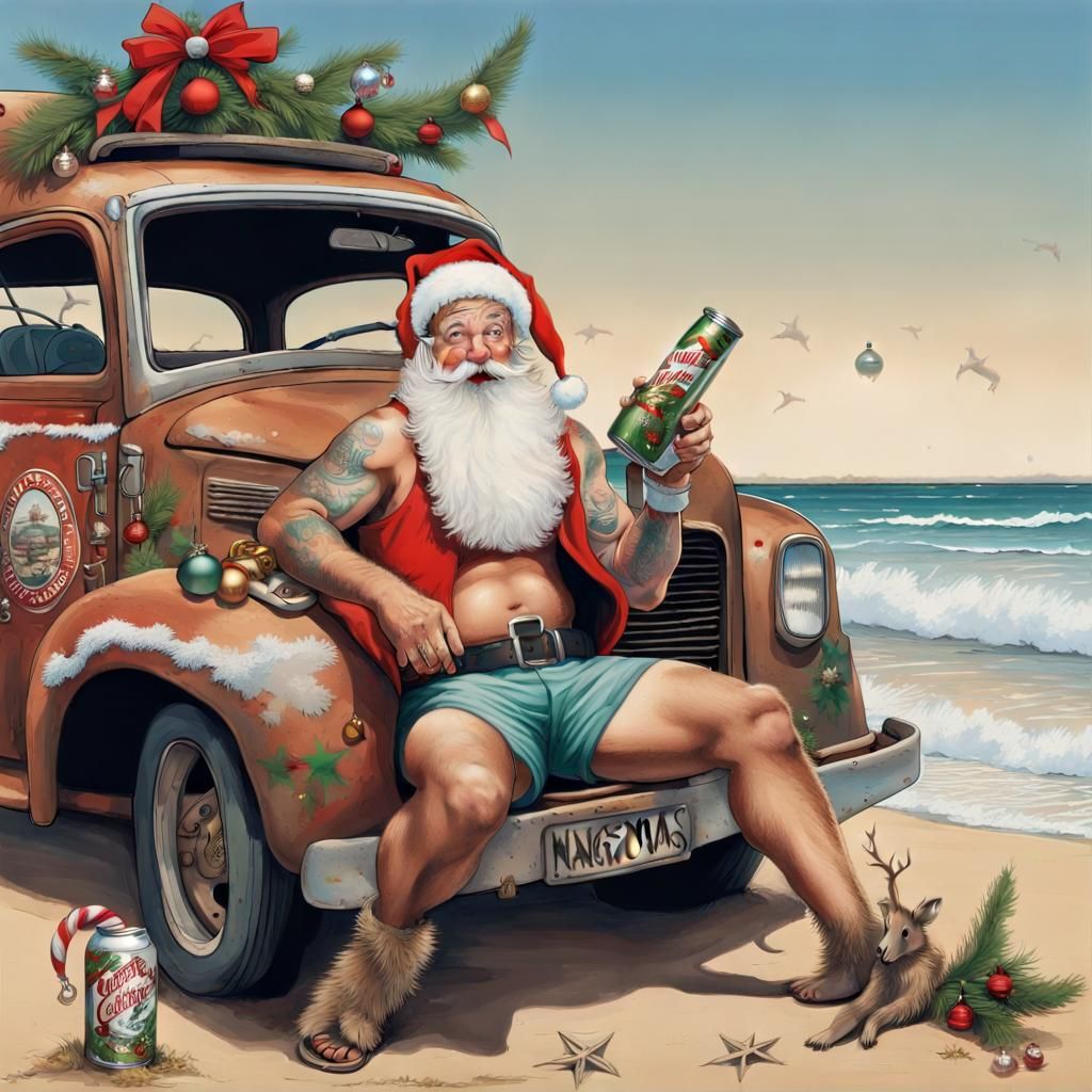 "Santa Claus embodying Australian bogan culture, sitting in a rusted ...