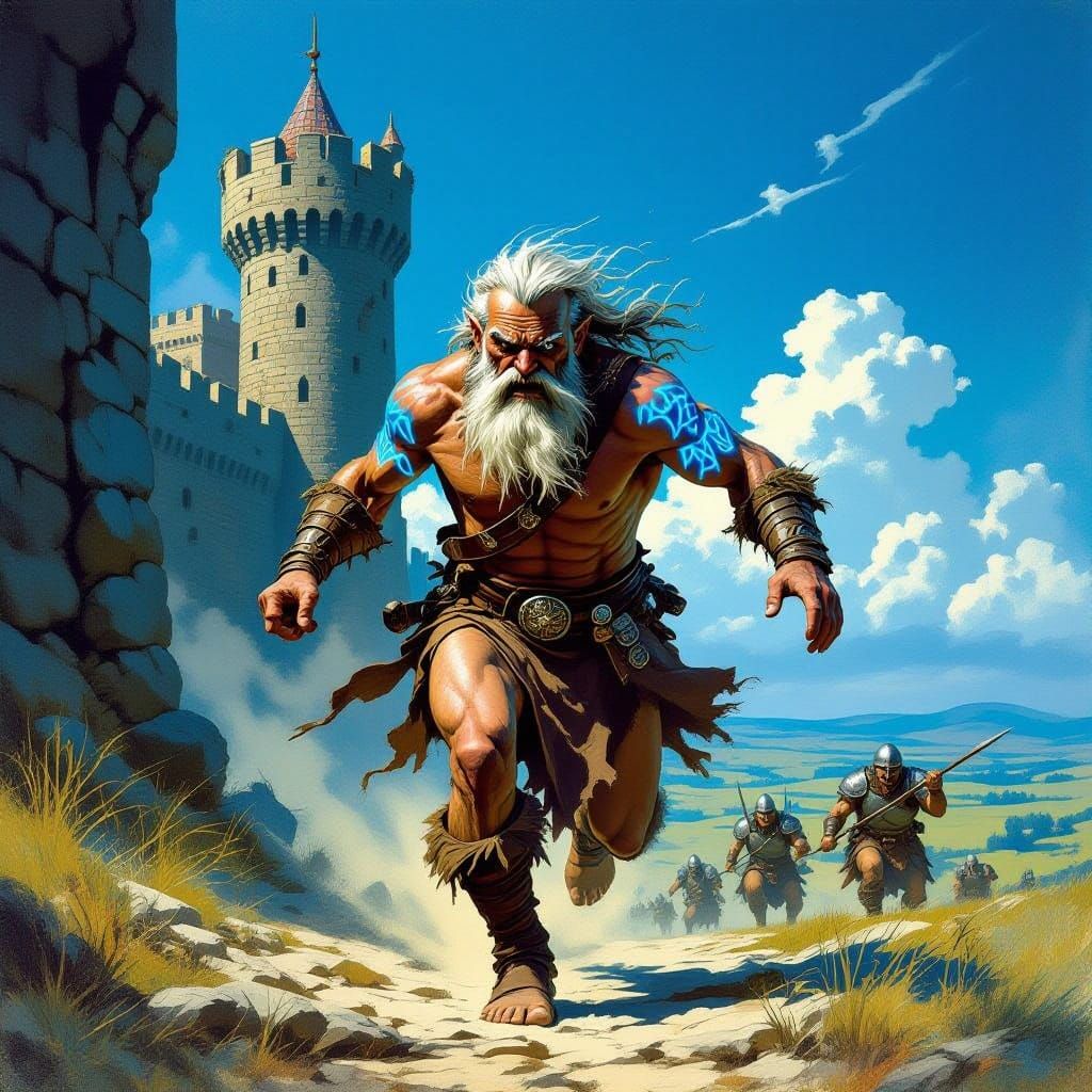 The escape!!! - Aged Warrior Fleeing Castle Shadows in Vivid...