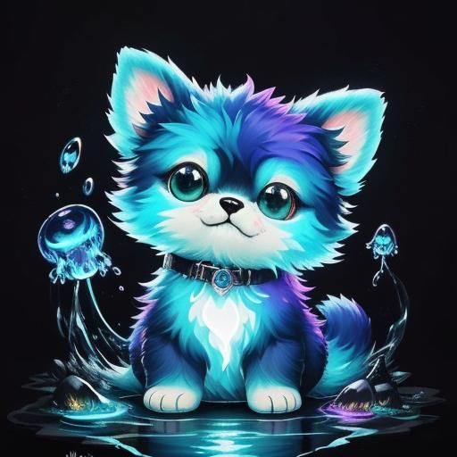 adorable cute chibi baby furry Puppy with a bioluminescent Waterfall in ...