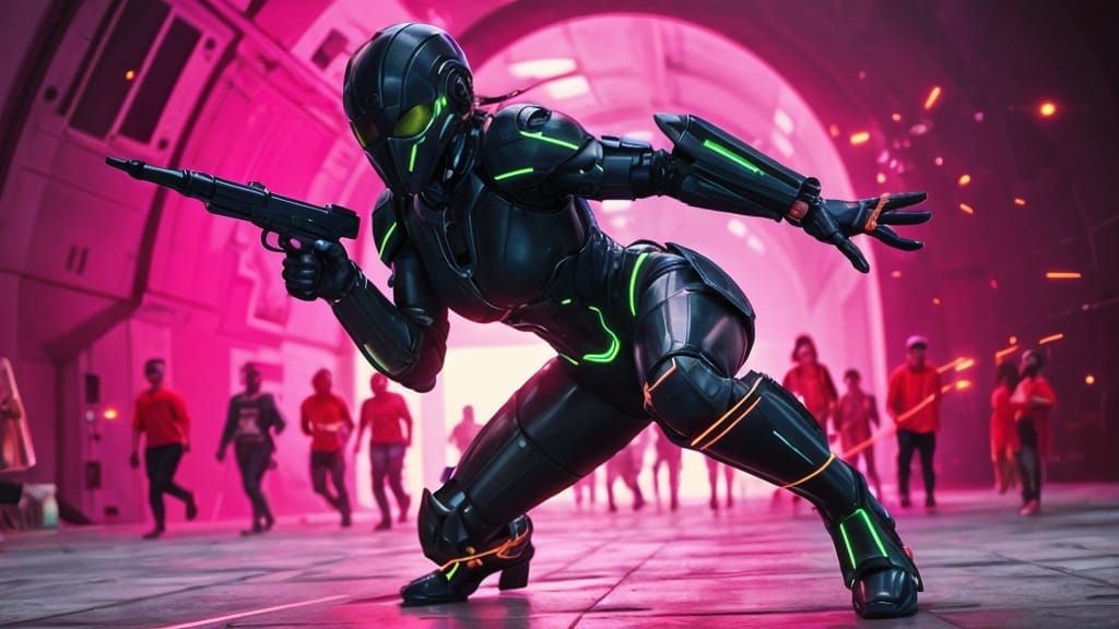 Green Stalker - Cyberpunk Warrior in Neon-Lit Exosuit