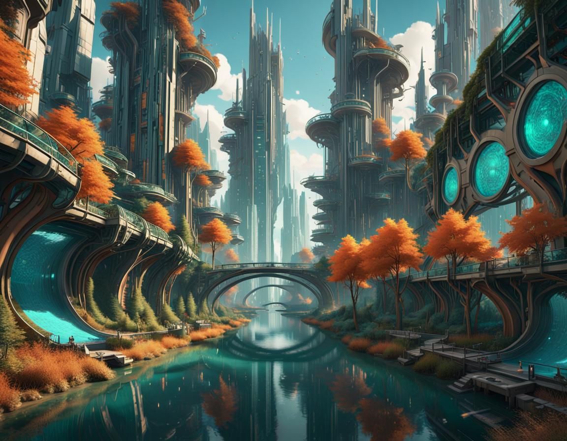 Futuristic forest city, archology, canals - AI Generated Artwork ...