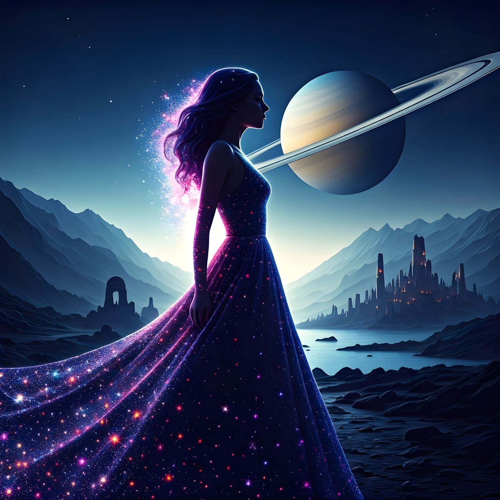 A cinematic 4K illustration of a woman's silhouette in profile, slowly ...