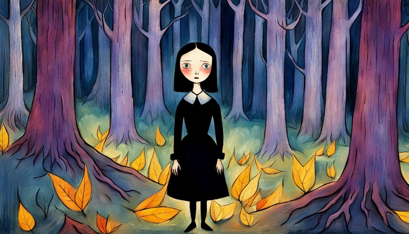 Wednesday Addams talks to demons in the woods. A cave has a lantern ...