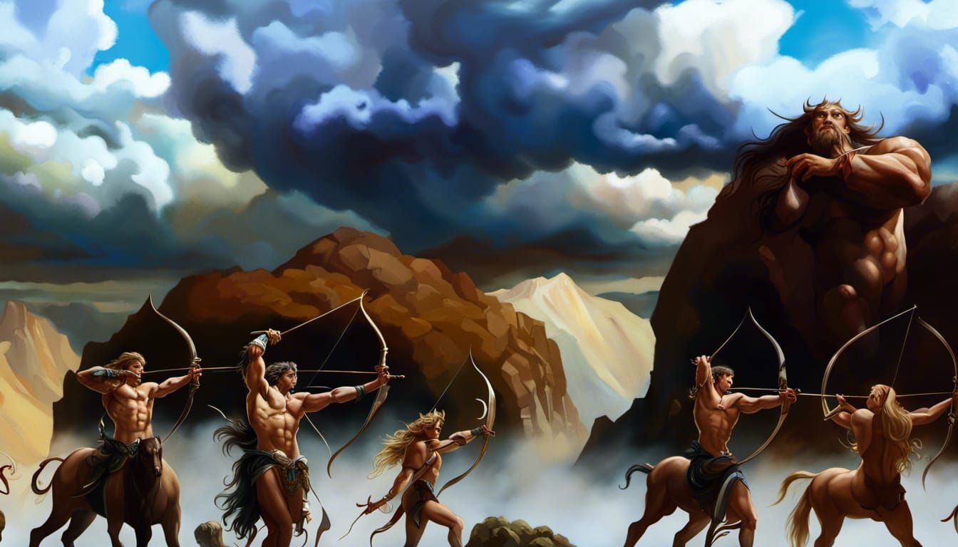 Hyperdetailed painting of Fantastical mythic Muscular Centaurs long ...