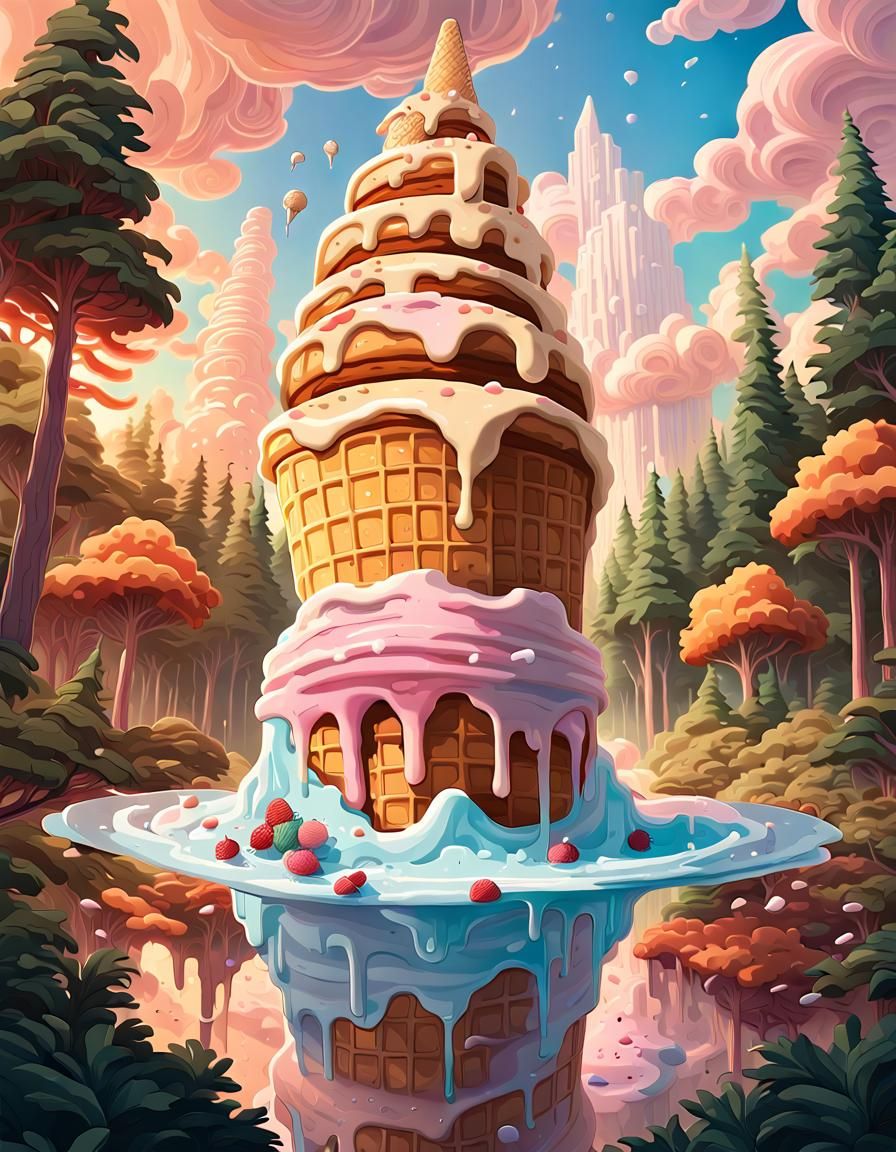 A giant ice cream cone shaped skyscraper with the icecream melting down ...