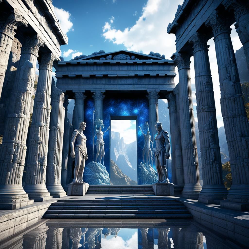 Ominous imposing portal in an acropolis made entirely of mirror chrome ...