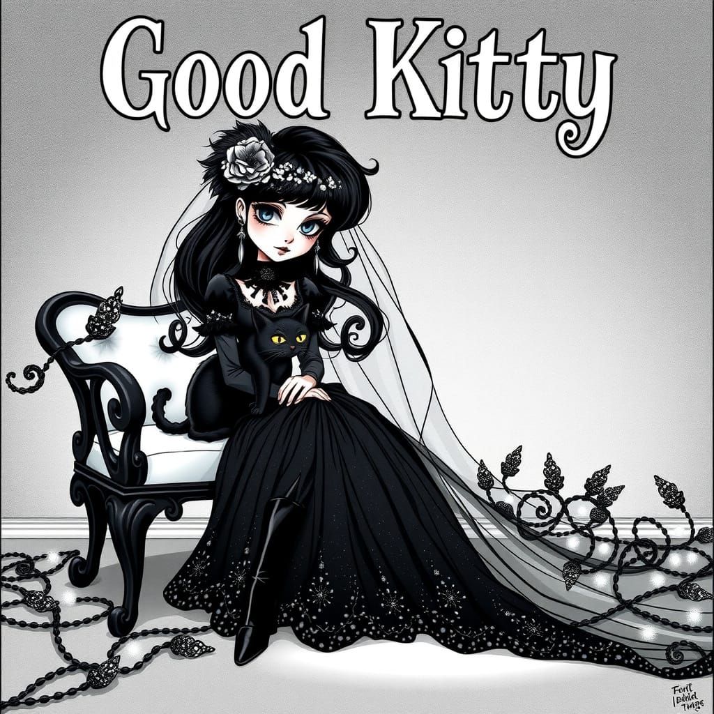 Gothic Bride and Kitty in a Tim Burton-Inspired Pe... - AI Art