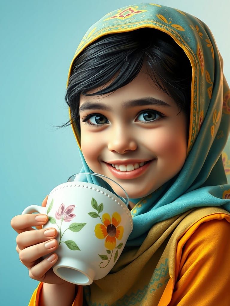 Happy Iranian Girl Drinking from Delicate Flower M... - AI Art