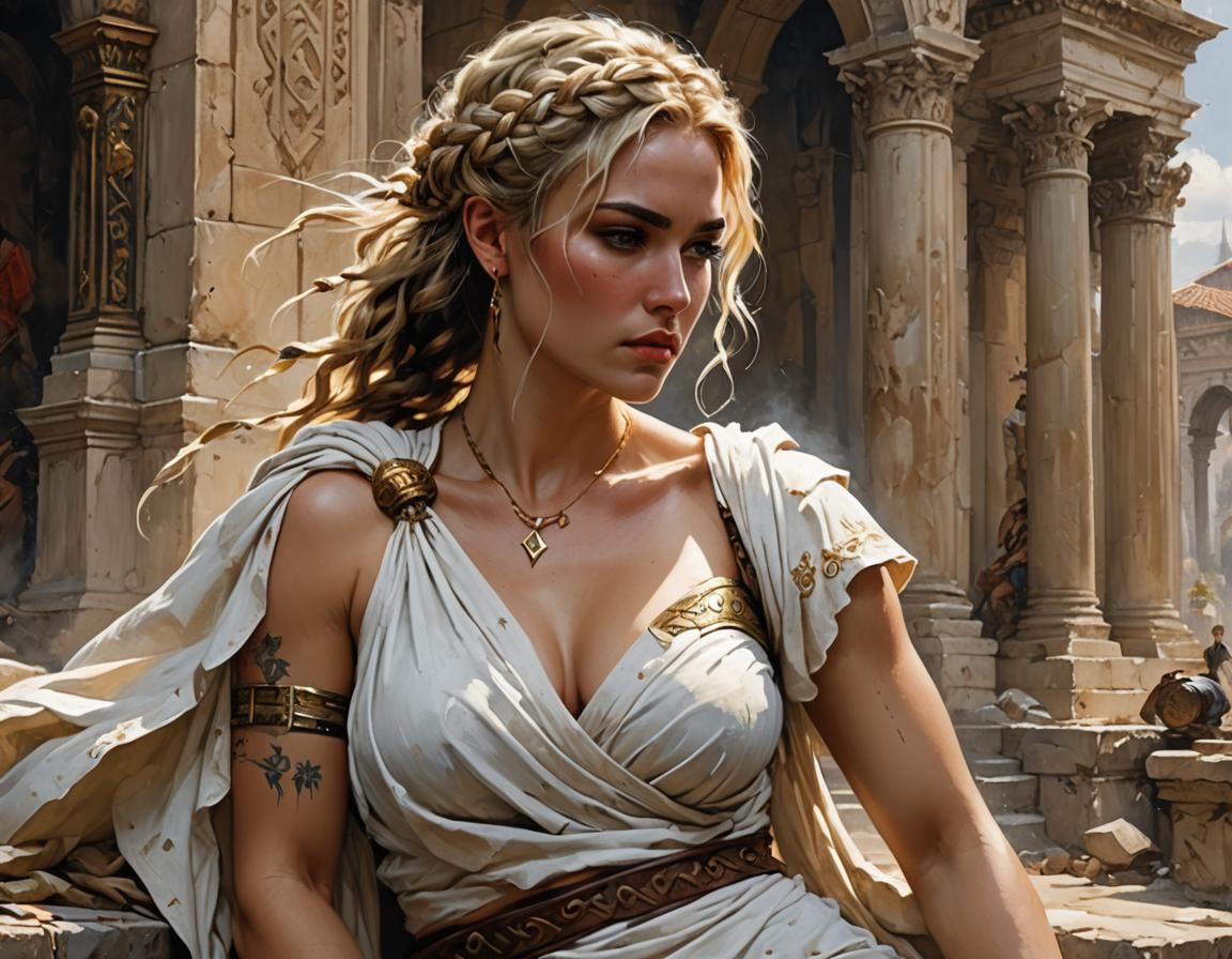 Female gladiator with braided blonde hair - AI Generated Artwork - NightCafe Creator