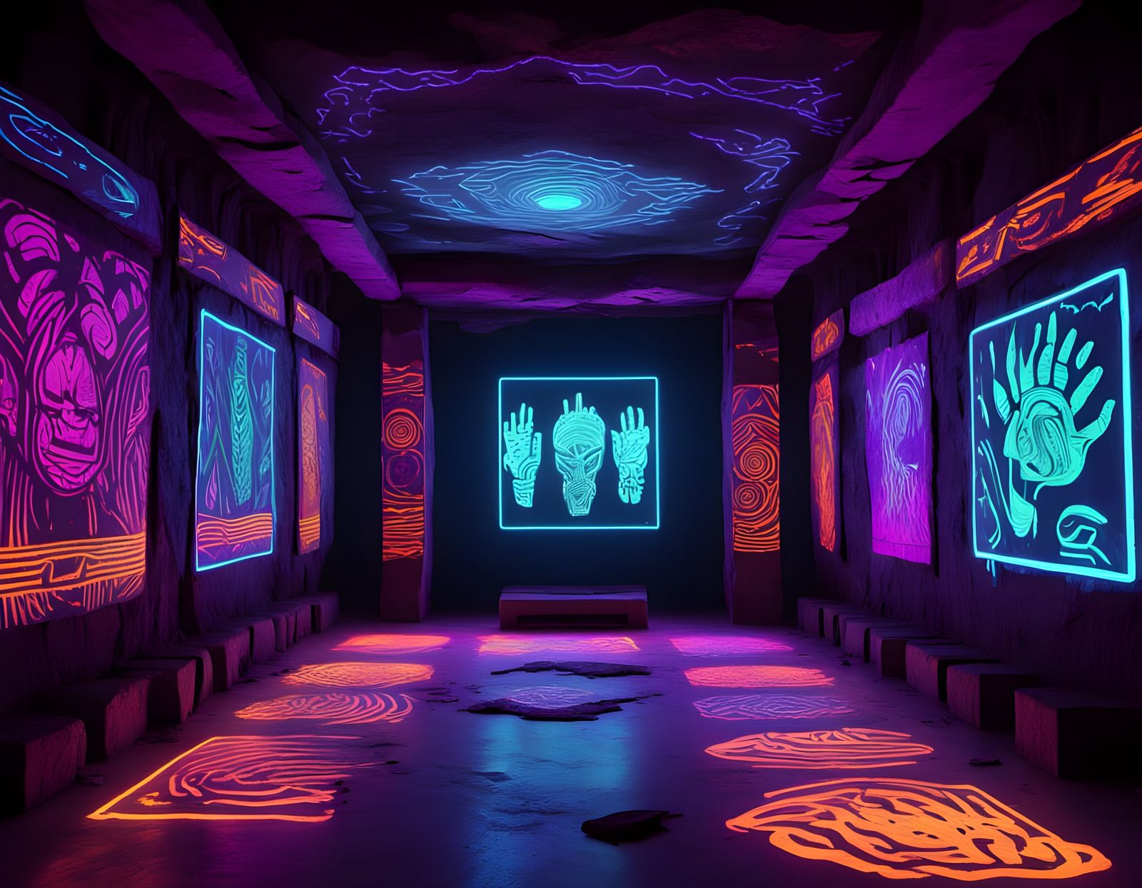 Neon Tribal Rave: Ancient Cave Paintings Unleash H... - AI Art