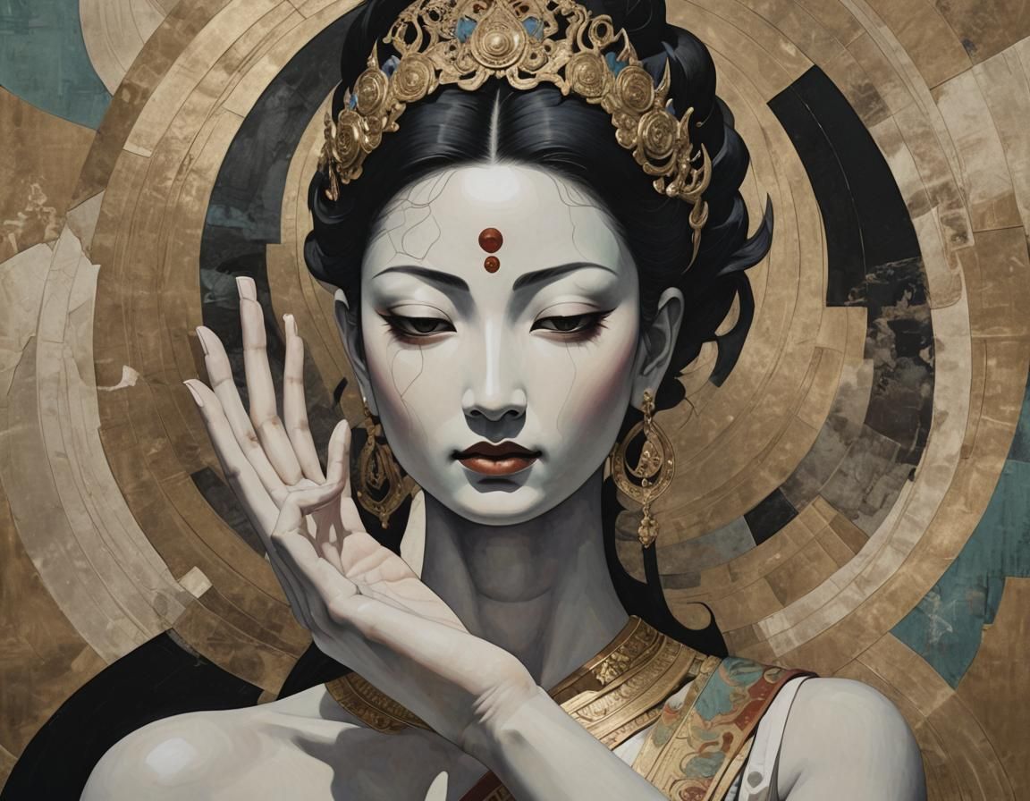 loose sensuous curves, mudras, Hindu and Buddhist iconography, collage ...