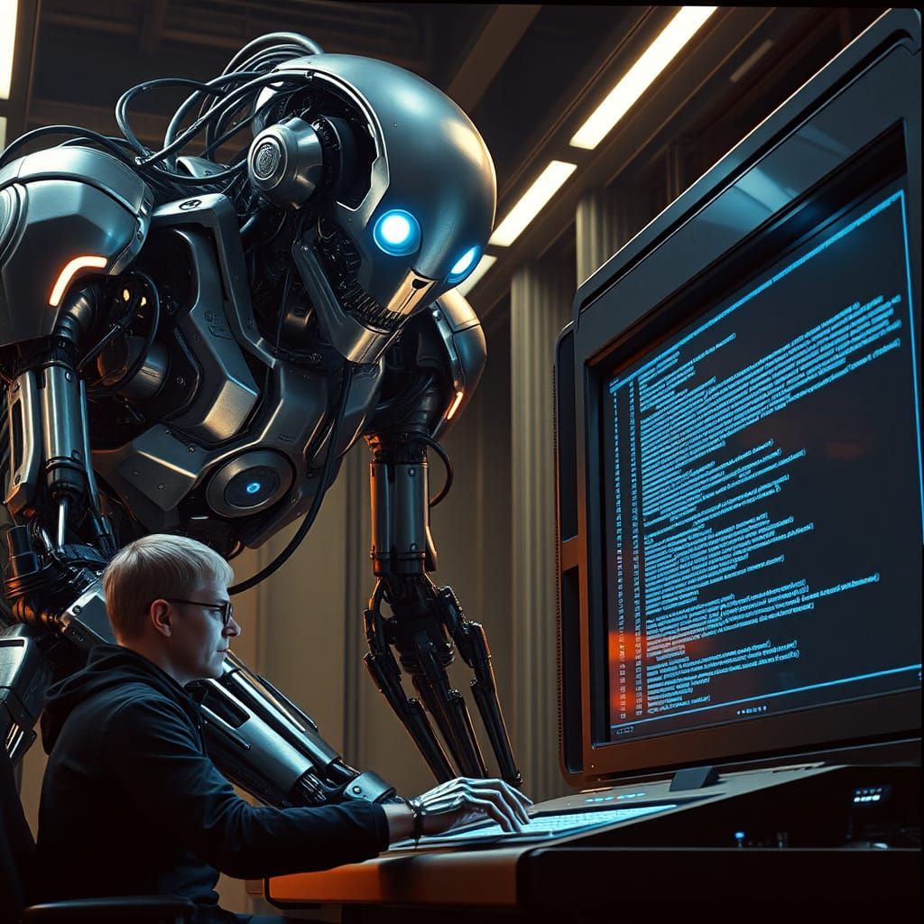 Metallic Colossus Crafts Code with Human Collabora... - AI Art
