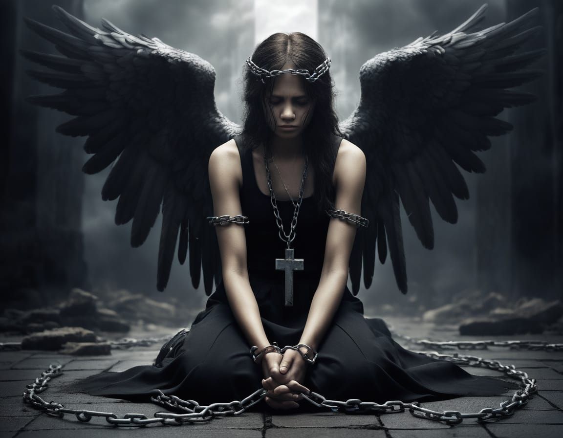Fallen Angel in Chains Prays to Heaven - AI Art