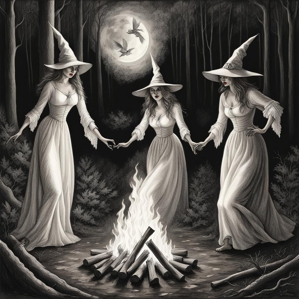 three beautiful witches dancing around a bonfire - AI Generated Artwork - NightCafe Creator
