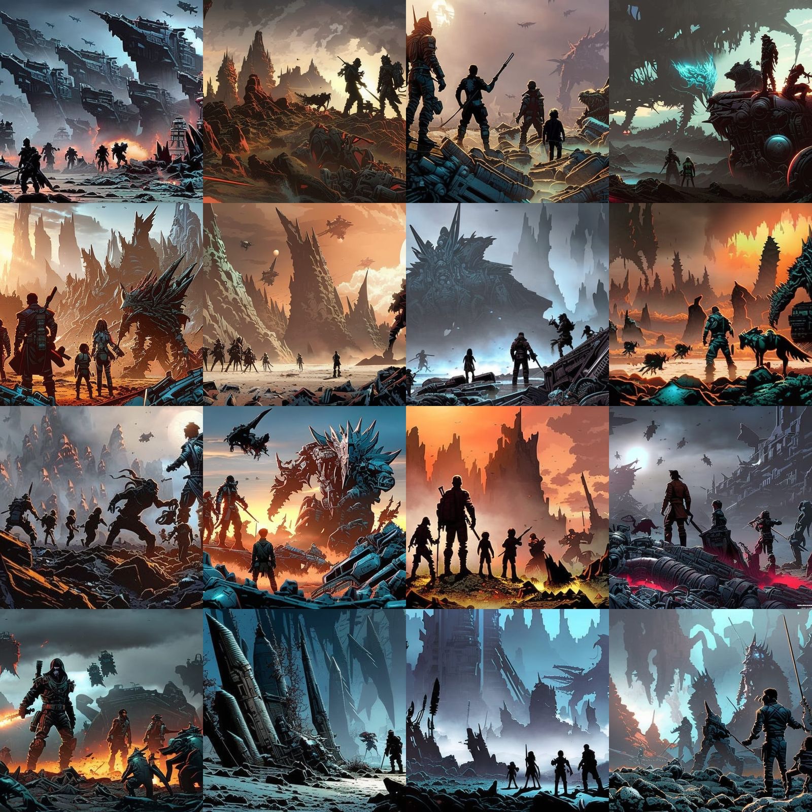 Monsters surrounding small person, destroyed wasteland and trash debris ...