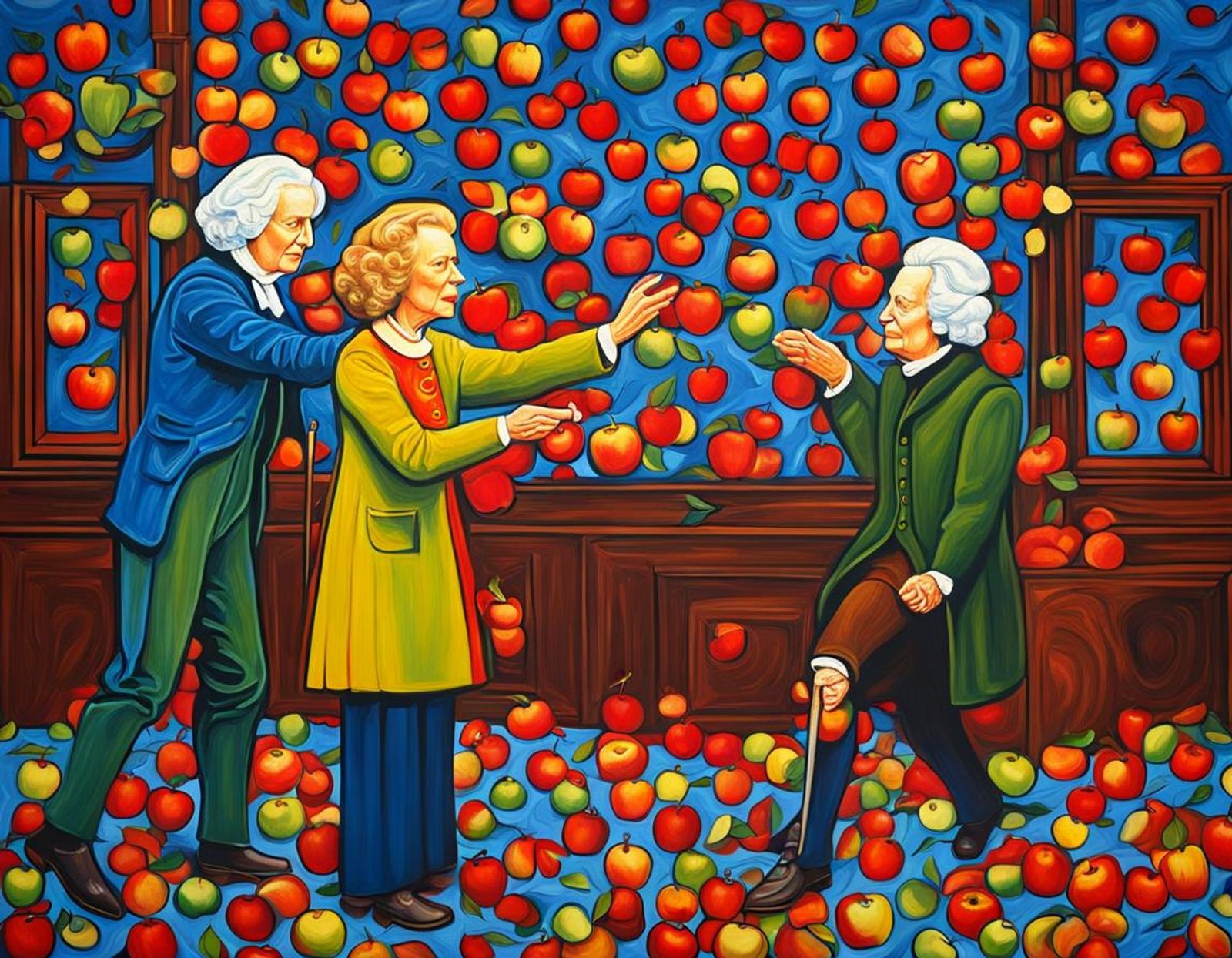Isaac Newton throwing apples at Margaret Thatcher - AI Generated ...