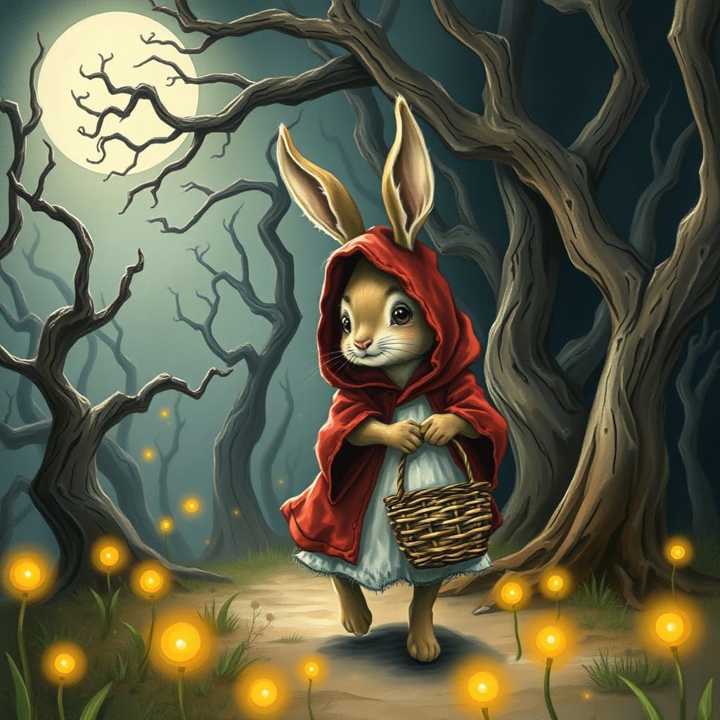 A scruffy bunny dressed as Little Red Riding Hood wandering through an ...