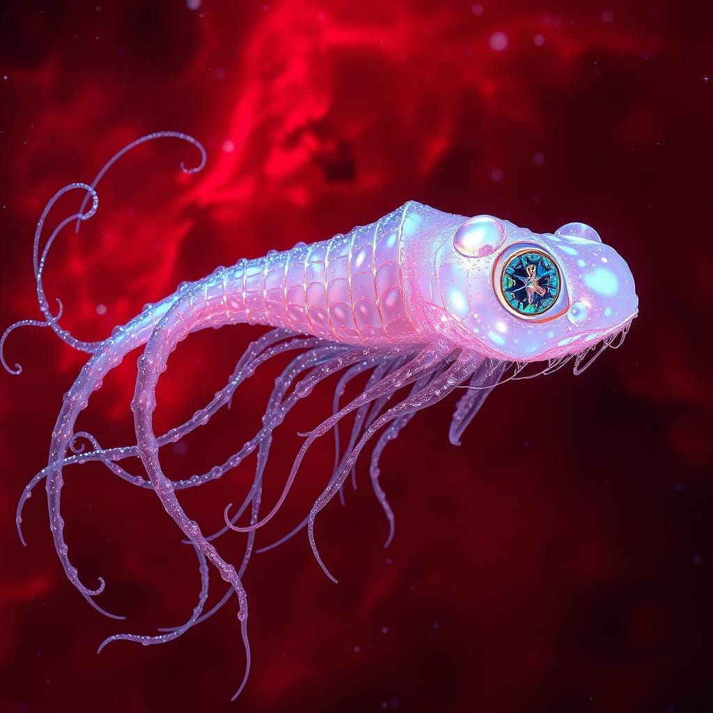 Silhouetted against a crimson nebula, a bioluminescent squid like creature with iridescent ...