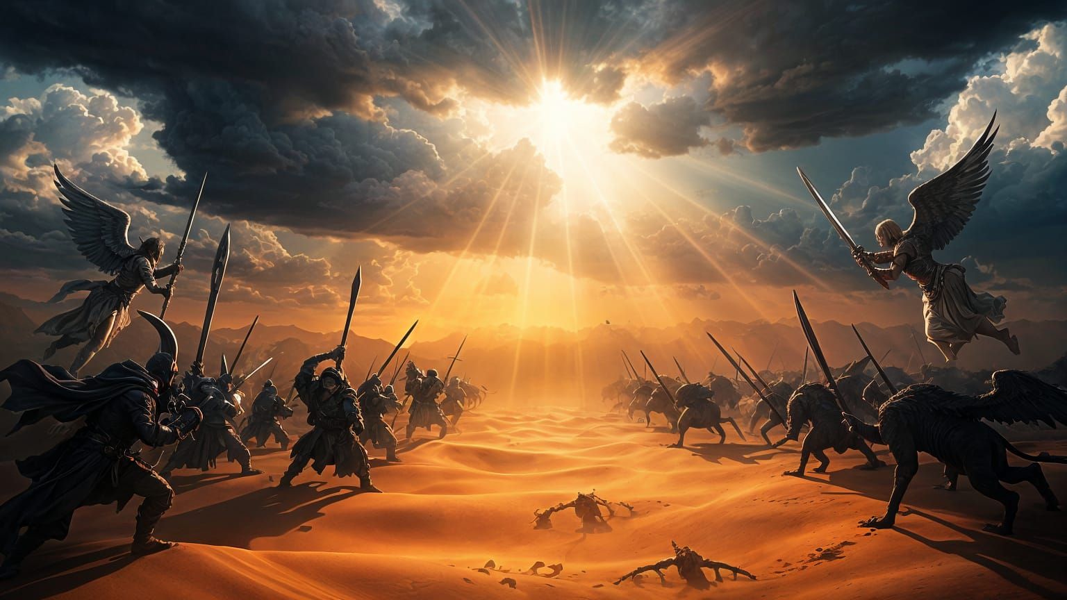 Angelic Warriors Clash with Shadowy Creatures in E... - AI Art