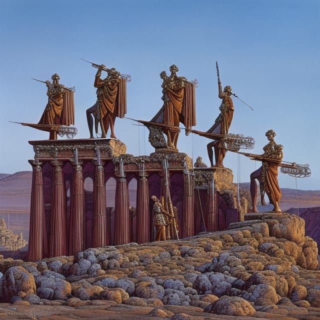 shiny chrome Greek goddess robots playing lyres and flutes in front of ...