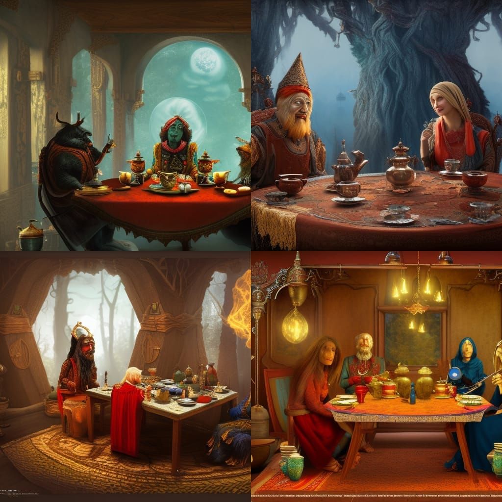 baba Yaga and leshii are sitting at the table and drinking tea from a ...