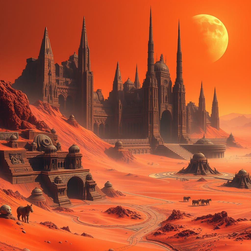 Rust-Red Wasteland Planet with Ancient Arena Compl... - AI Art