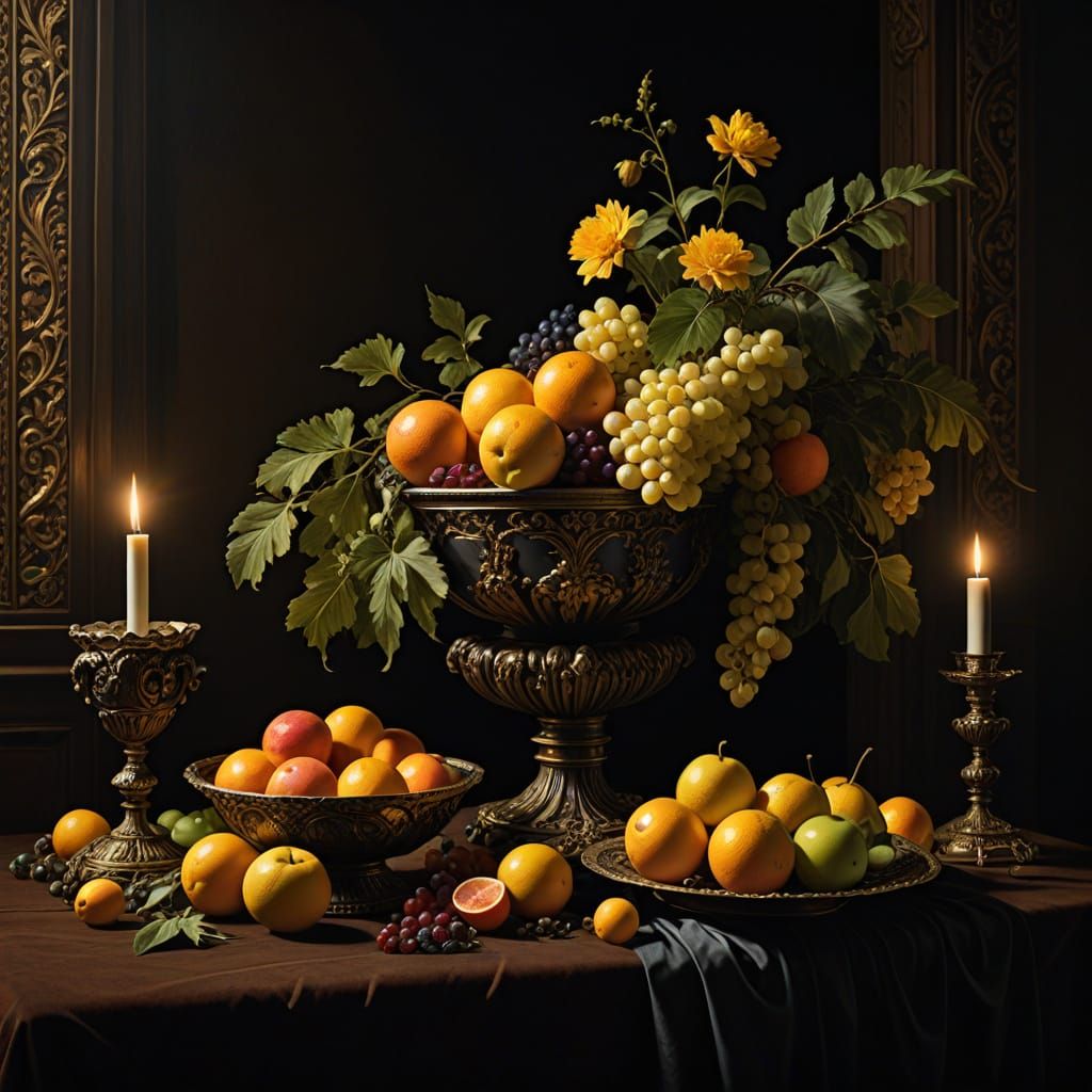 Dramatic Baroque Still Life with Fruits and Flower... - AI Art