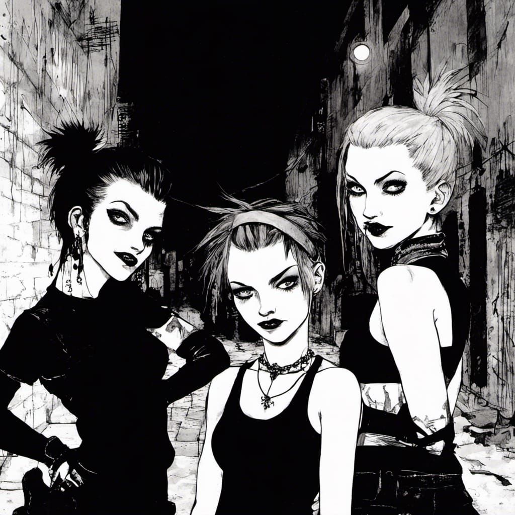Three punk girls friends hanging out in a dark back alley at night; art ...