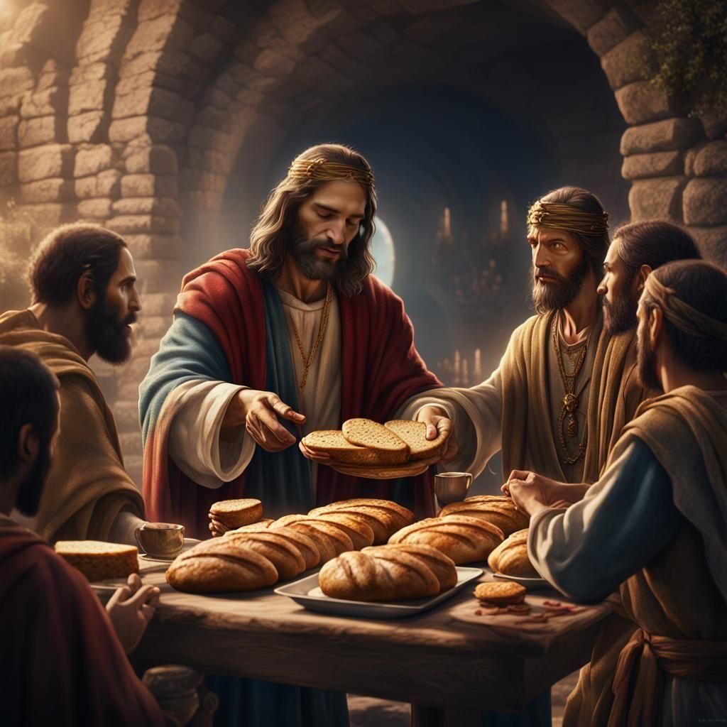 Jesus Christ giving bread to his disciples - AI Generated Artwork ...